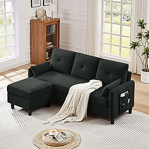 Tornama Convertible Sectional Sofa Couch 3 Seat L Shaped Sofa with Pillows, 77" Linen Fabric Small Couch with Reversible Chaise and Side Pockets for Living Room, Apartment and Office, Black