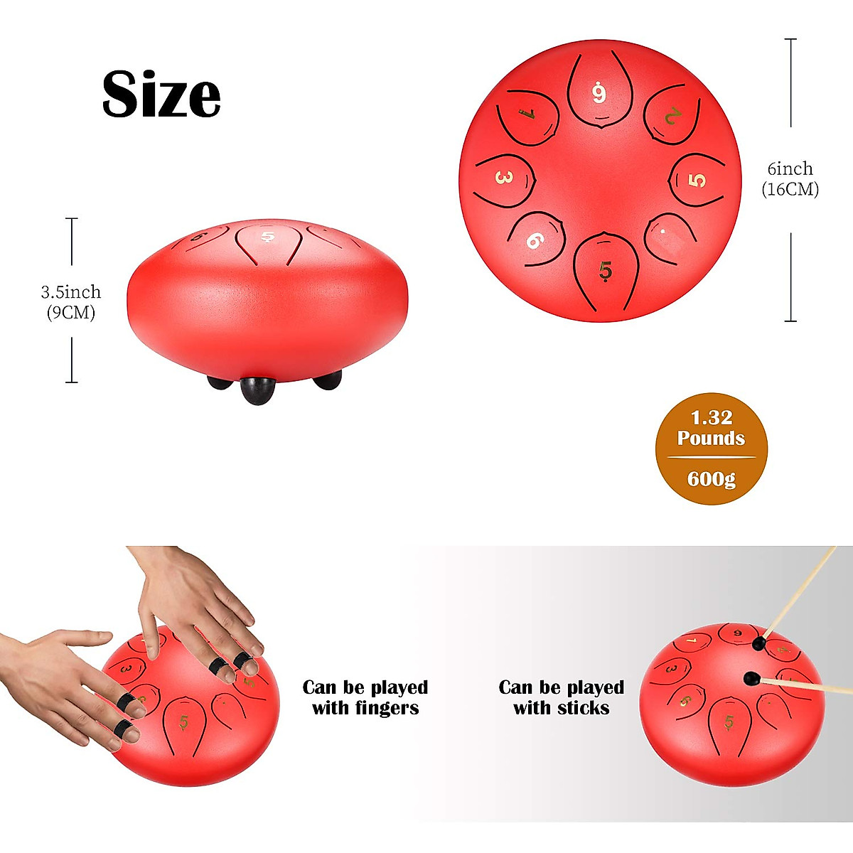 Steel Tongue Drum 6 Inch 8 Note Percussion Instrument Lotus Hand Pan Drum with Drum Mallets Carry Bag used for musical education, gifts mental rehabilitation and yoga meditation (6 Inch 8 Note-Red)