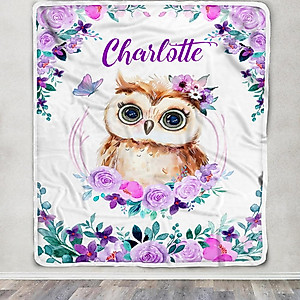 CenturyTee Personalized Baby Blanket Name Girl Flower Owl Baby Girl Kid Daughter Granddaughter Niece Birthday Customized Fleece Blanket (30 x 40 Inches - Baby Size), Multicolor 572 (572)