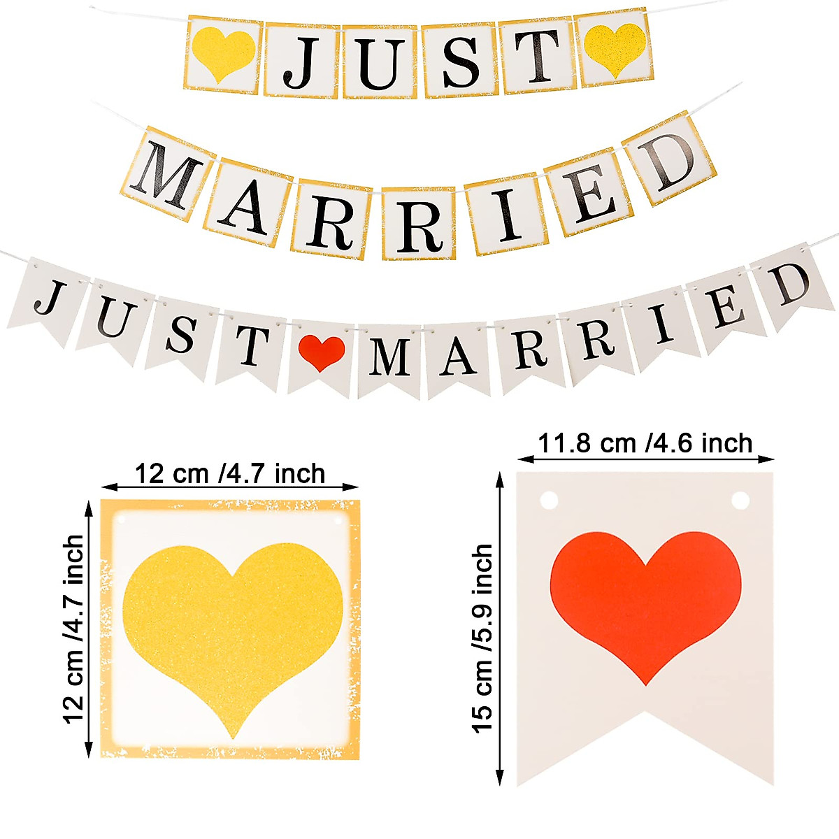 Tatuo 2 Sets Just Married Wedding Banners Bunting Garland Photo Props Signs with Heart for Bridal Shower Wedding Party Decoration