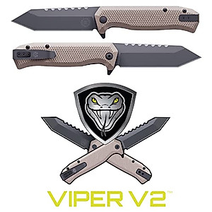 Off-Grid Knives - Viper V2 with154CM Steel Tanto Blade, Grippy G10 Scales, Left or Right Deep Carry Clip, Ceramic Ball Bearings (Coyote)
