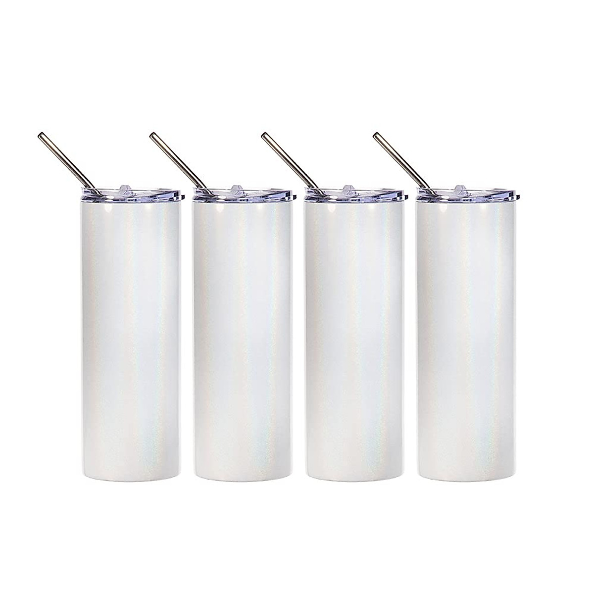 PYD Life Sublimation Glitter Tumblers Rainbow White Blank Straight 20 OZ Skinny Cups with Lid and Metal Straw 4 Pack