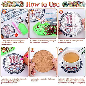Billbotk 10 Pieces Independence Day Diamond Painting Coasters, Diamond Art Coasters with Holder, DIY Diamond Art Crafts Projects, Diamond Dots Kits for Adults and Beginners