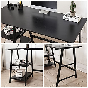 Trestle Desk with 2 Shelves, soges 47 inches Reversible Storage Desk with Racks, Home Office Computer Desk Organizer Workstation, Student Desk Wooden School Desk, Black