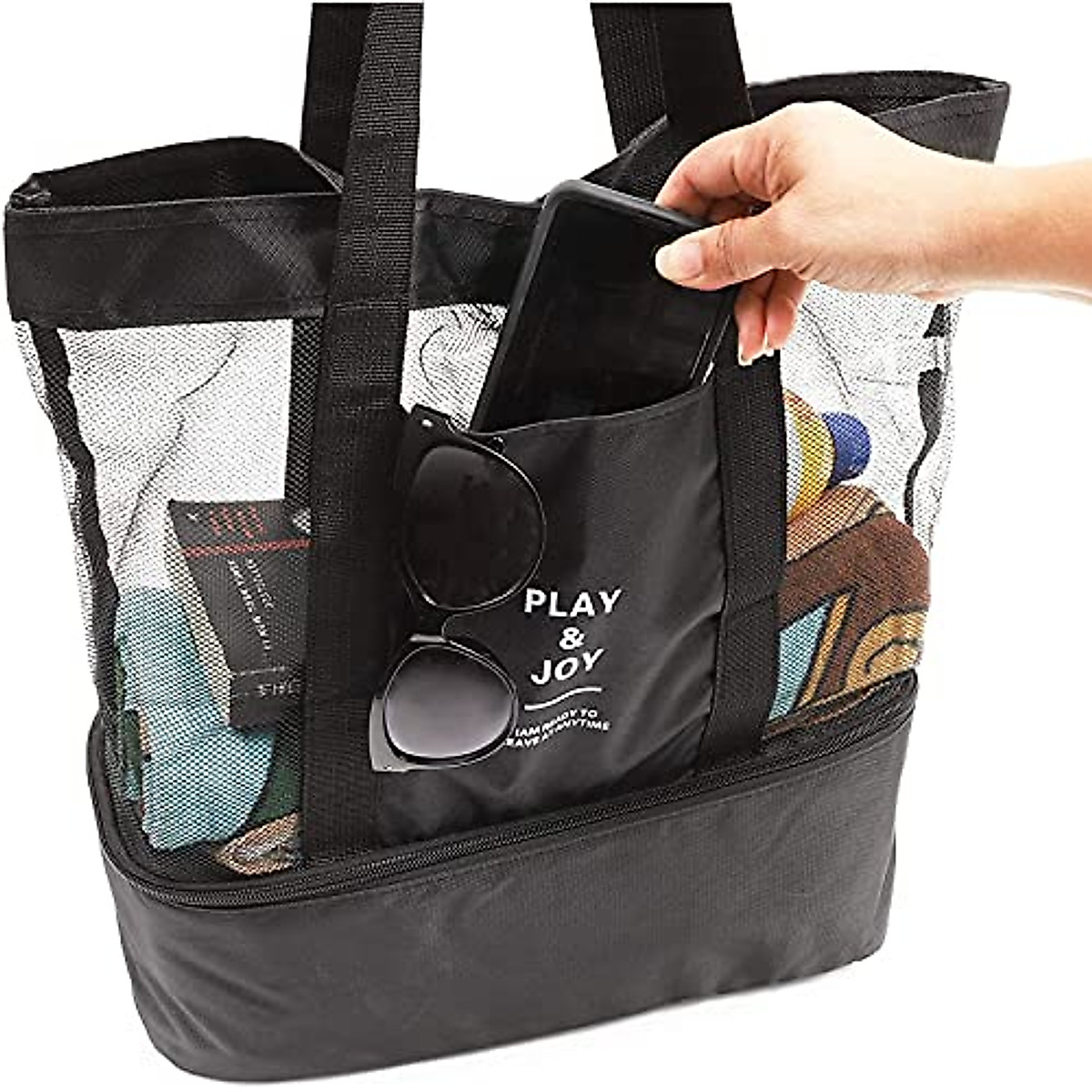 Zodaca Black Mesh Beach Tote with Cooler, Play & Joy Insulated Lake Bag (17 x 16 x 5 in)
