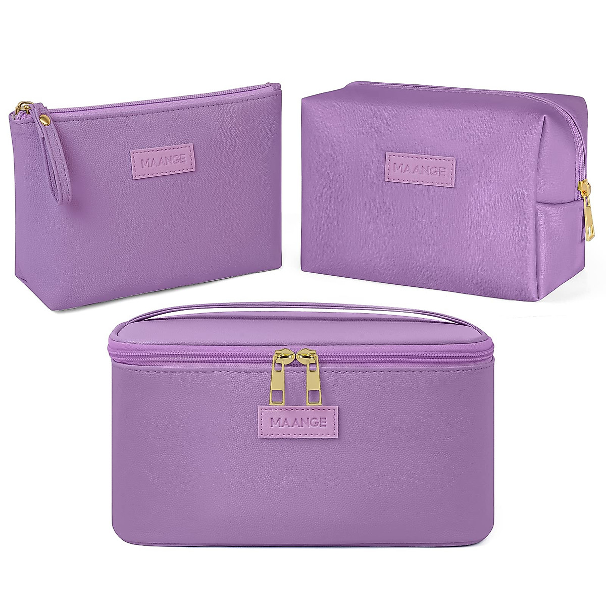 MAANGE Travel Makeup Bag - Large Makeup Bag with 2pcs Small Makeup Bag Portable Leather Cosmetic Bag Toiletry Bag Make Up Bags for Women and Girls (Purple)