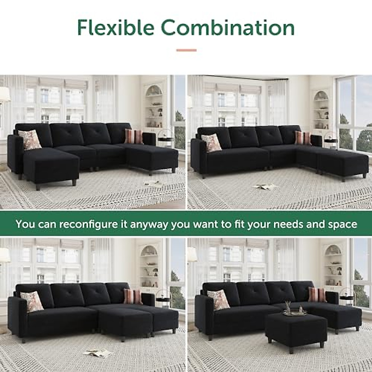 HONBAY Reversible Sectional Couches for Living Room, Sectional Couch U Shape, 4 Seat Sectional Sofa with Chaise, Dark