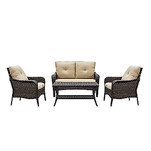 Rilyson Patio Conversation Set, 4 Piece Outdoor Patio PE Rattan Wicker Sofa Furniture Set, Deep Seating Couch Chairs and Coffee Table for Backyard Porch Lawn Garden