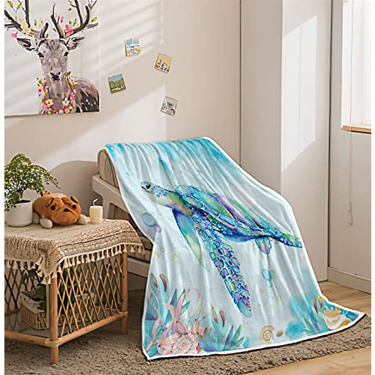 Sea Turtle Blanket Turtle Fleece Throw Blanket for Kids Girls Boys Aqua Teal Blue Super Soft Plush Beach Turtle Sherpa Blanket for Couch Sofa Bed Turtle Gifts for Women Turtle Lovers (50"x 60"inch)