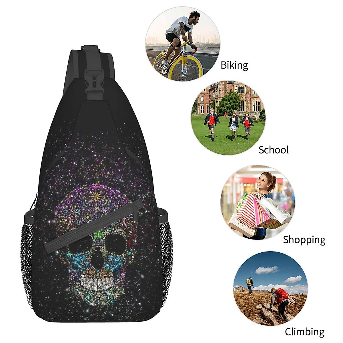 FBCAL Skull And Rose Chest Bags Crossbody Sling Backpack Travel Hiking Daypack for Women Men Shoulder Bag