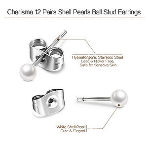 Charisma 4mm Composite Pearl Earrings Round Ball Pearls Stud Earrings Hypoallergenic 12 Pairs Mixed Color Imitation Pearl Earrings Set for Women