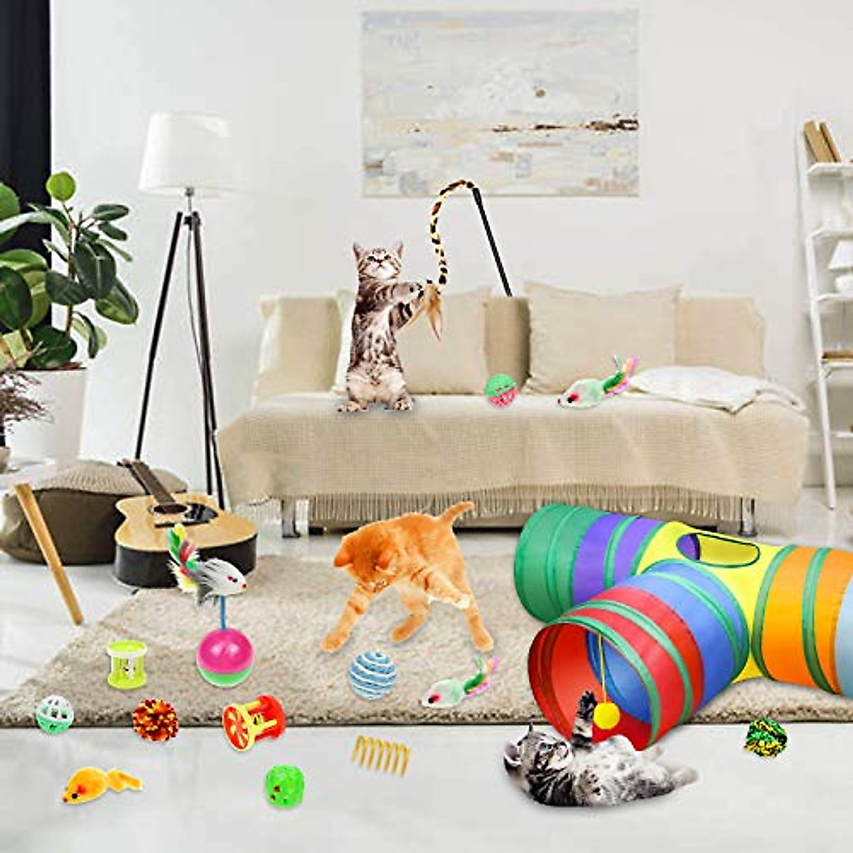 Malier Cat Toys Kitten Toys Set, Collapsible Cat Tunnels for Indoor Cats, Interactive Kitty Toys Cat Feather Toy Fluffy Mouse Crinkle Balls Cat 3 Way Tube Tunnel Toys for Cat Puppy Kitty Kitten