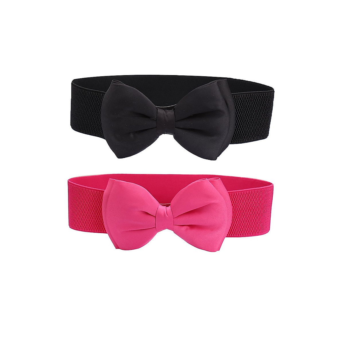 Allegra K Women Press Studs Closure Bowknot Elastic Waist Belt Fuchsia+Black