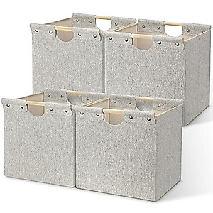 Posprica 13x13in Collapsible Storage Bins, 4 Pack Fabric Foldable Cube Storage Bins with Wooden Carry Handles, Decorative Storage Baskets for Bathroom Organizer, Shelves, Closet, Nursery, Toy -Beige