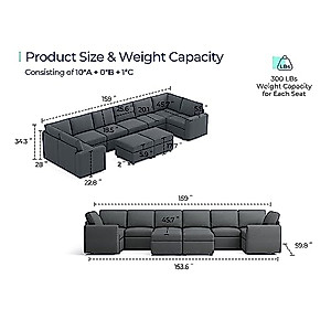 LINSY HOME Oversized Modular Sectional Sofa, Convertible Sectional Sofa Couch with Memory Foam, Modular Sleeper Sofa Covers Removable and Changeable, 10 Seat Sofa Sets for Living Room, Dark Grey
