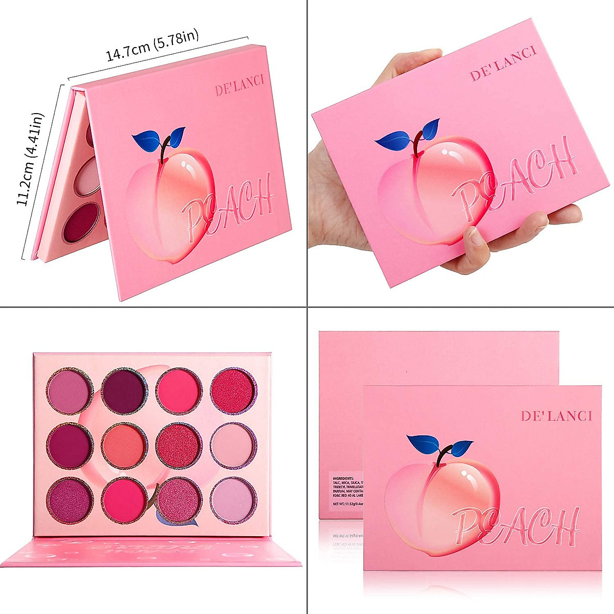 DE'LANCI Pink Purple Eyeshadow Palette, 12 Colors High Pigment Matte Shimmer Barbie Eye Shadow Makeup Pallet, Small Bright Peach Red Eyeshadow Pallets, Long Lasting Shades for Girl Women Summer Travel