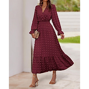 BTFBM Women Spring Dresses 2025 Long Sleeve V Neck Swiss Dots Maxi Dress Boho Long Dress High Waisted A-Line Ruffle Dress(Solid Wine Red,Medium)