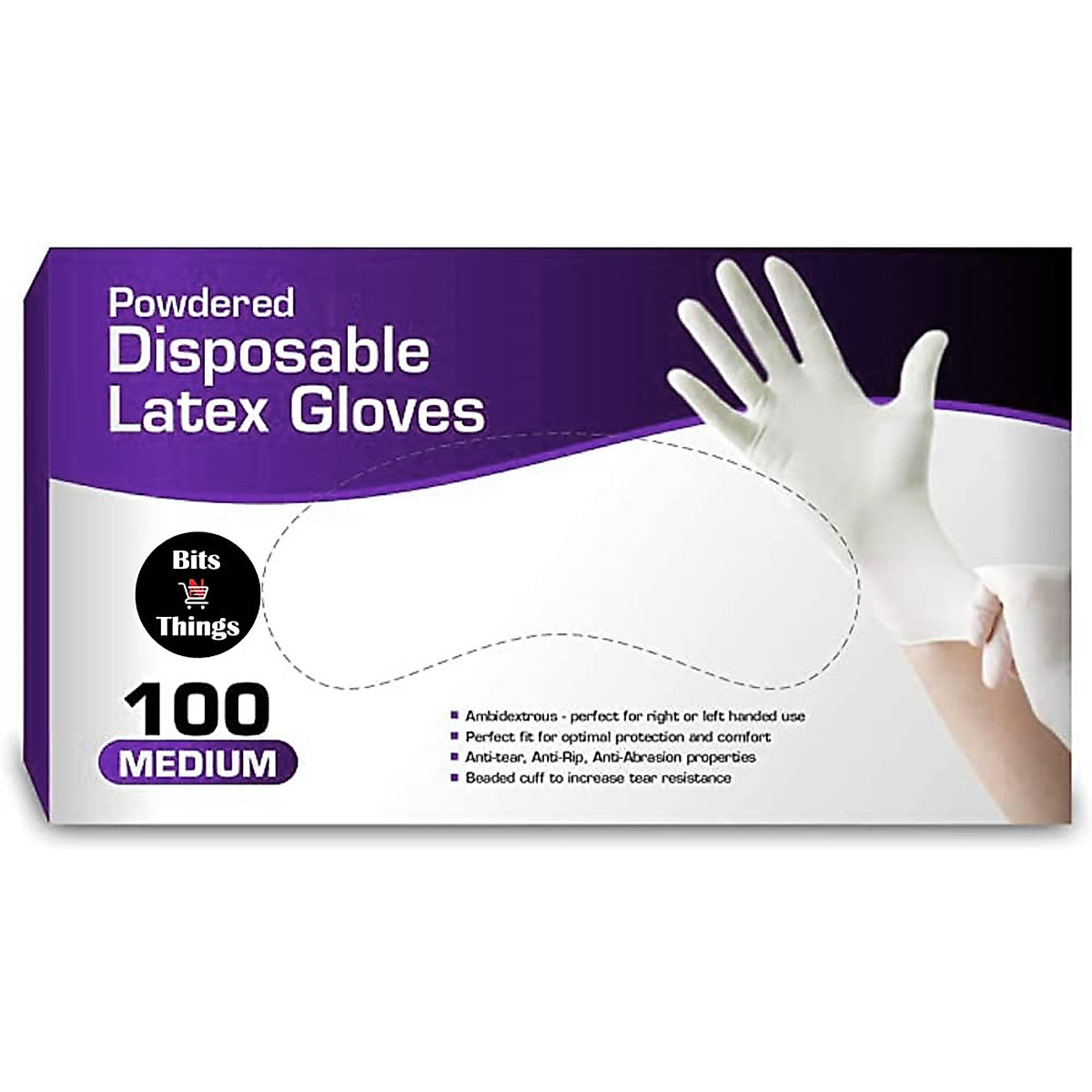 Bits N Things Latex Disposable Gloves, Comfortable, Powdered, 100 per Box (Medium)