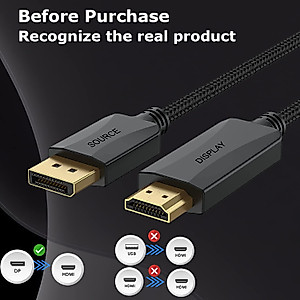 4K DisplayPort to HDMI Cable 6 ft, 4K DP (Display Port) to HDMI Cord Adapter 6ft Braided Male to Male Supports Video and Audio (4k, 2160P, 1440P, 1080P)-NOT Bidirectional