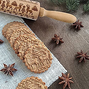 4Pack Christmas Wooden 3D Rolling Pins Embossed, Embossing Rolling Pin with Engraved Christmas Themed Symbols for Baking Embossed Cookies,Rolling Pin Kitchen Tool(14 in)