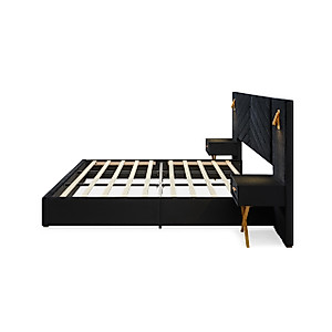 Olodumare Luxurious King Platform Bed Frame, Velvet Upholstered Headboard with 2 Built-in Wall Sconces & Nightstands, Sturdy Metal & Solid Wood Frame, Squeak-Free, No Box Spring Needed, Polar Black