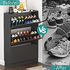 Wodeer Shoe Cabinet with 3 Flip Drawers,Wood Entryway Shoe Storage Cabinet,Freestanding Shoe Rack Storage Organizer for Entryway, Hallway, Black,9.33" D x 31.5" W x 47.2" H