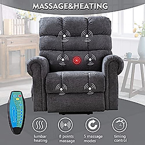 ANJ Large Power Lift Recliner Chair with Massage and Heat for Elderly Big People, Electric Wide Recliners, Heavy Duty and Safety Motion Fabric Reclining Mechanism with USB Ports, Side Pocket, Grey