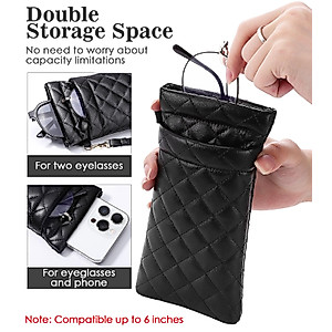 MoKo Double Eyeglasses Pouch with Carrying Strap, Soft PU Leather Large Squeeze Top Portable Sunglass Case with Cleaning Cloth for Women Men, Black