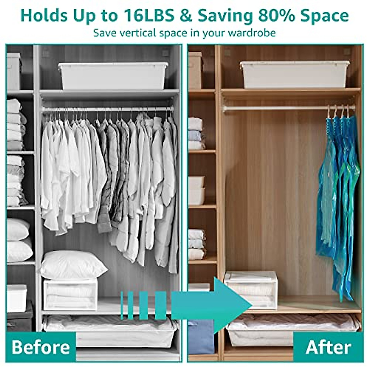 LEVERLOC Hanging Vacuum Storage Bags, Set of 4 Space Saver Bags for Clothes, Vacuum Sealed Garment Bags for Suits, Coats, Jackets, 80% Space Saving, 2 Long 2 Short