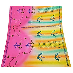 Peegli Indian Women's Crepe Silk Leaf Saree Vintage Pink Fabric DIY 5 Yards Sari