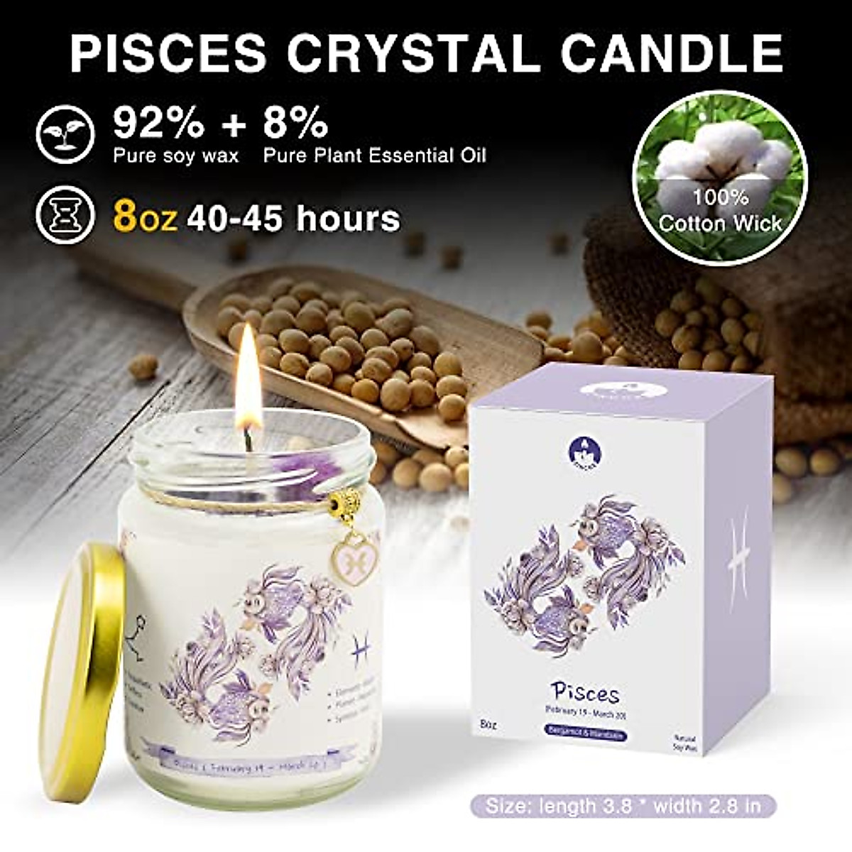 ZINCGE Pisces Zodiac Crystal Candle Gifts for Women, Astrology Spiritual Birthday Gifts Horoscope Natural Soy Bergamot Scented Candle with Dry Flowers and Amethyst Healing Crystals