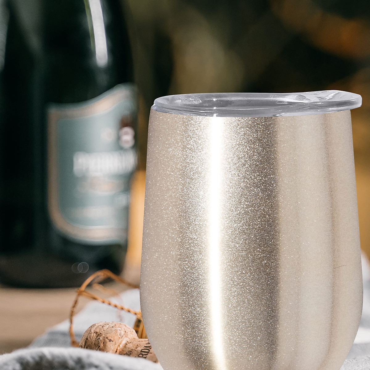 Oggi Cheers 'Celebrate Collection' Stainless Steel Insulated Wine Tumbler - Gold Sparkle, 12oz, with clear slider lid.