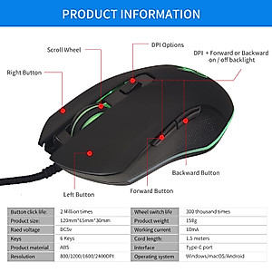 IULONEE USB Type C Wired Mouse,Silent Computer Mouse Optical Gaming Mice Ergonomic 7 LED Backlight 2400 DPI 6 Buttons for Office Home Windows PC,Laptop,Desktop,Notebook,MacBook (Type-C Black)