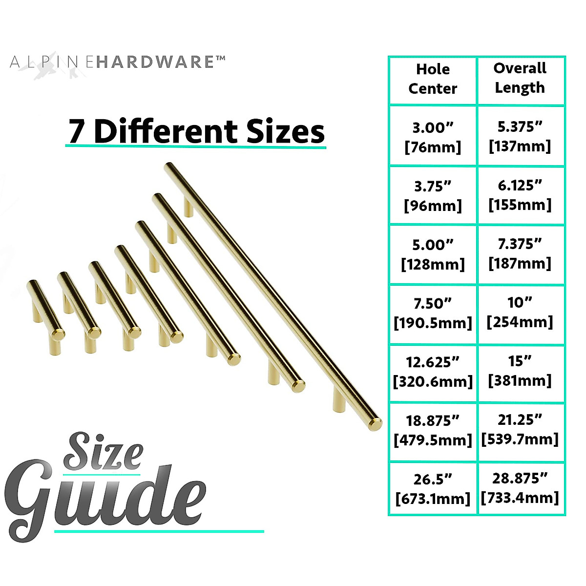 ALPINE HARDWARE PREMIUM SOLID Euro Style Bar Handle Pull-25Pack ~3 In Hole Center & 5 3/8 In Length-Heavy Stainless Steel Bar Handle Pull W/ Satin Gold/Brass Finish-AMERICAN Owned Cabinet Hardware
