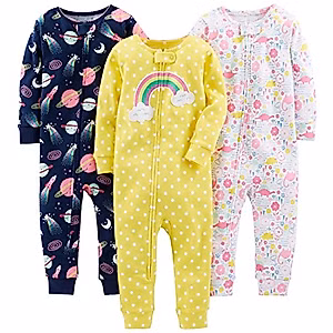 Simple Joys by Carter's Baby Girls' Snug-Fit Footless Cotton Pajamas, Pack of 3, Dinosaur/Space/Rainbow, 18 Months