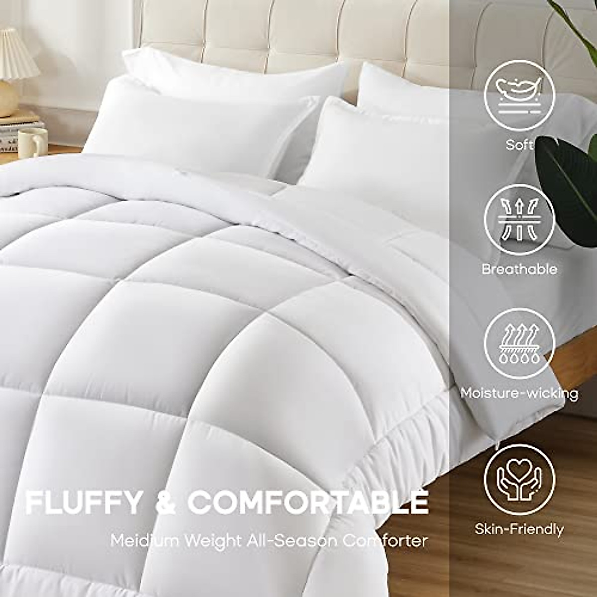 Sonive All Season Comforter Soft Fluffy Breathable Microfiber 200gsm Down Alternative Bedding Duvet Insert with 8 Corner Tabs Easy Care (White, Full/Queen)