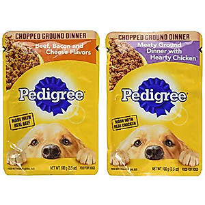 Pedigree Chopped Ground Dinner 8 Pouch Variety Hearty Chicken and Beef, Bacon, and Cheese Flavors, 4 Each