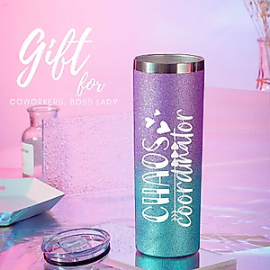 Onebttl Boss Lady Gifts for Women, Chaos Coordinator Tumbler for Boss, Secretary, Manager, Coworkers, Stainless Steel Skinny Tumbler 20oz with Lid and Straw, Glitter Blue & Purple