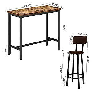 AWQM Bar Table Set of 2,39.3" Pub Height Table & 2 PU Upholstered Stools with Backrest,Industrial 3 Piece Breakfast Bar Table Sets,for Living Room,Kitchen,Bar,Rustic Brown & Black & Brown