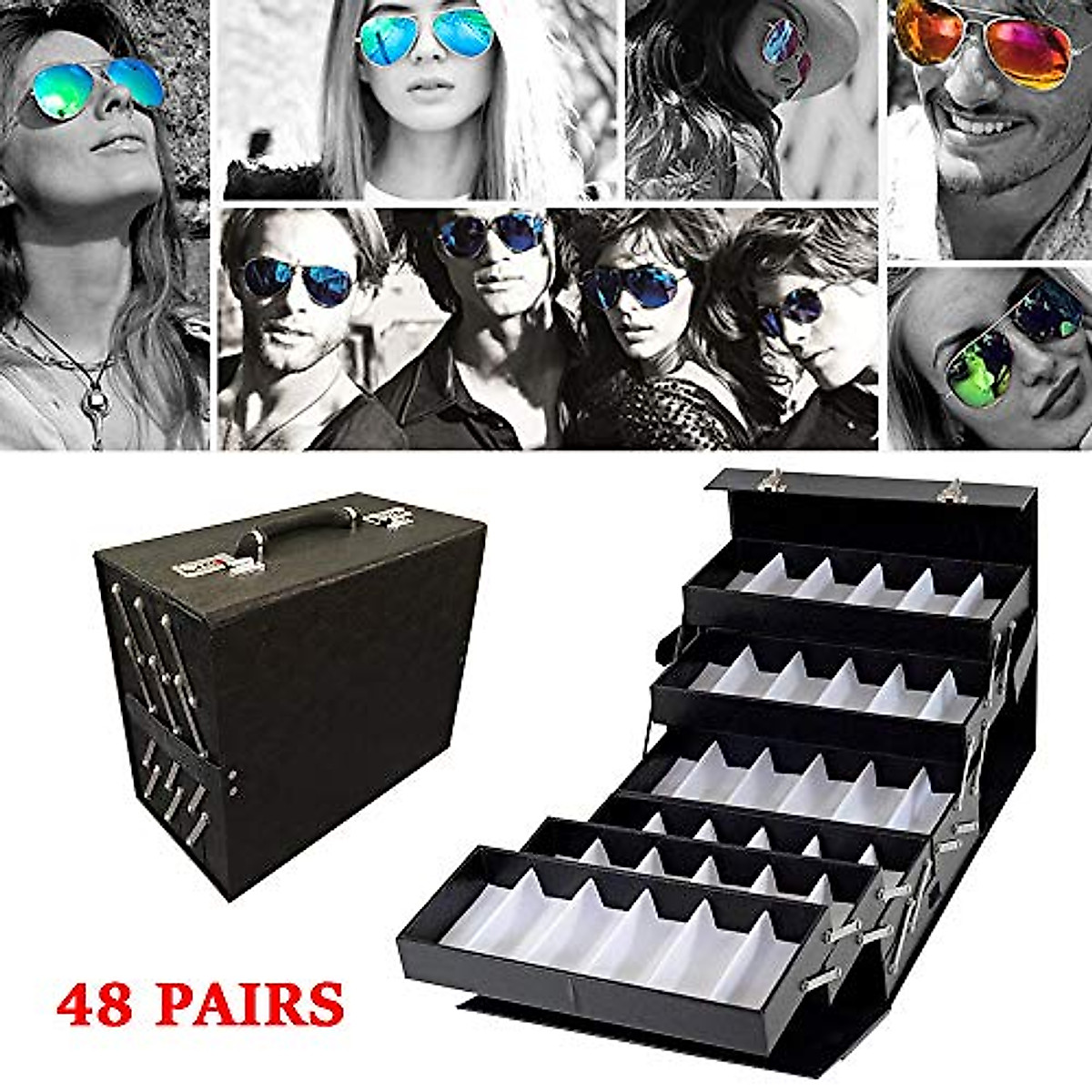 TFCFL Sunglasses Organizer, Sunglasses Slot Display Case,Sunglasses Jewelry Collection Storage Holder Box with Clear Glass Lid PU (48 Slots)