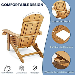 Dphroi Folding Plastic Adirondack Chair, Fire Pit Adirondack Chairs with Cup Holder, Easy Assembly Patio Adirondack Chair, Weather Resistant Outdoor Chairs for Lawn Deck Garden, Teak