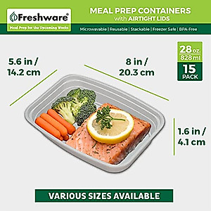 Freshware Meal Prep Containers [15 Pack] 1 Compartment Food Storage Containers with Lids, Bento Box, BPA Free, Stackable, Microwave/Dishwasher/Freezer Safe (28 oz)