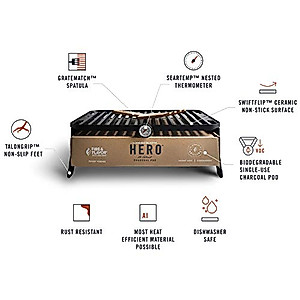 Fire & Flavor Hero Grill System - Ultra-Portable Grill for Camping, Tailgating, and BBQ on the Go - Tabletop Charcoal Grill Set Comes with Spatula, Thermometer, and Cutting Board
