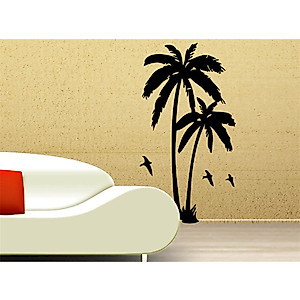 BIBITIME 2 Coconut Trees Wall Decal Black Vinyl Coco Palm Silhouette Birds Sticker for Living Room School Nursery Bedroom Kids Children Rooms Decor Home Art Murals