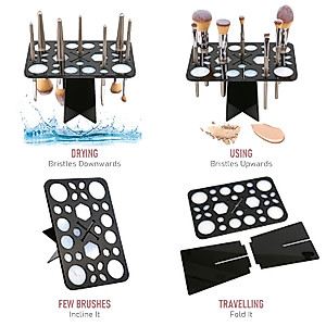 Makeup Brush Cleaning Mat & Makeup Brush Drying Rack, Diolan 28 Holes Makeup Brush Holder, Silicone Rubber Clover Shaped Mat Cleaner - Black & Pink