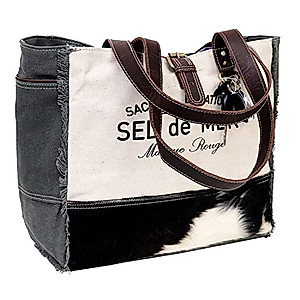 CLA Upcycle Canvas Bag, Handmade Canvas Bag With Leather, Canvas Tote Bag, Canvas Shoulder Bag, Canvas Handbag for Women (Brown Leather - Hair on)