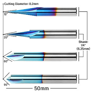 Genmitsu CNC Wood Carving Router Bits Set, 1/4'' Shank, 4 PCS, 15° Detail Carving Liner+ 20° Profile bit+ 60° & 90° V Groove, WC04A