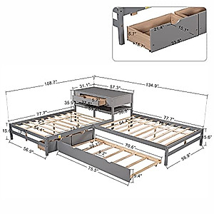 MOEO L-Shaped Full Size Platform Bed with Trundle and Drawers Linked w/ Built-in Desk for Kids, Bedroom, Teens, Adults, No Box Spring Needed, 3 Wood Bedframe in 1, Gray