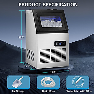 Zomagas Commercial Ice Maker Machine,110LBS/24H Ice Maker, Stainless Steel Freestanding Ice Machine with 28LBS Storage Capacity, Self-Cleaning, 2 Water Inlet Modes,Ideal for Restaurant,Home,Bar