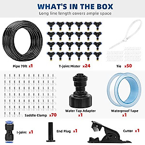 79FT 24M Misting Cooling System Misting Line + 24 Mist Nozzles + 1 Adapter Outdoor Water Mister Kit for Patio Greenhouse Garden Fan Trampoline Waterpark